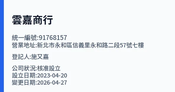 雲嘉商行的照片-統編 91768157(新北市) 公司登記資料與營業項目詳細圖表