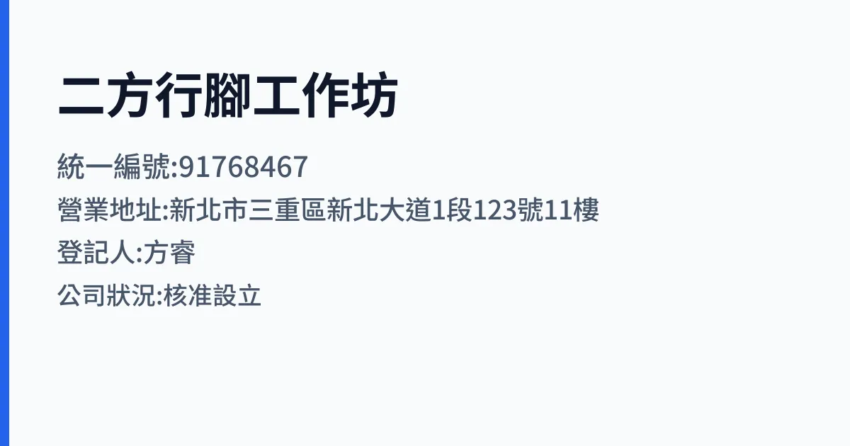 二方行腳工作坊 - 統編 91768467(新北市) 公司登記資料與營業項目詳細圖表