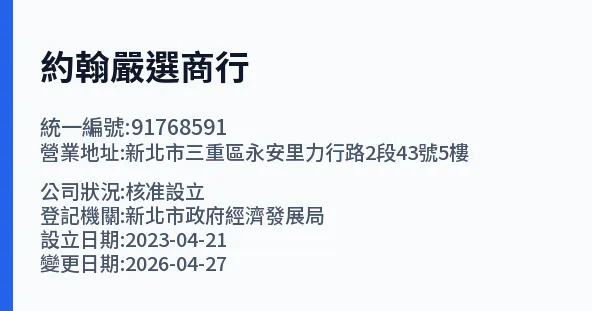 約翰嚴選商行的照片-統編 91768591(新北市) 公司登記資料與營業項目詳細圖表