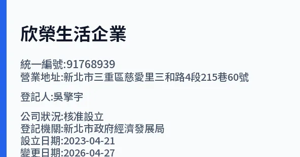 欣榮生活企業的照片-統編 91768939(新北市) 公司登記資料與營業項目詳細圖表