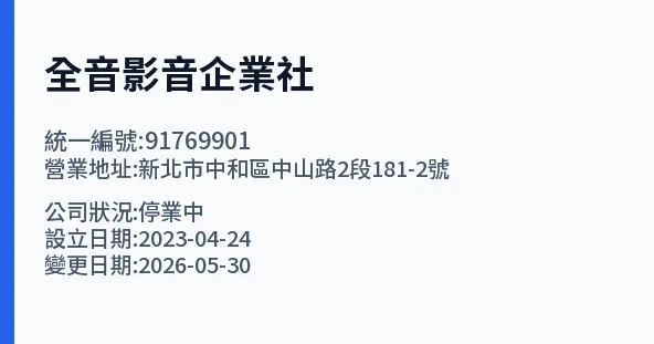 全音影音企業社的照片-統編 91769901(新北市) 公司登記資料與營業項目詳細圖表