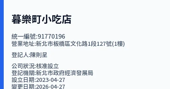 暮樂町小吃店的照片-統編 91770196(新北市) 公司登記資料與營業項目詳細圖表