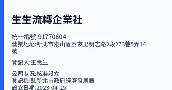 生生流轉企業社的照片-統編 91770604(新北市) 公司登記資料與營業項目詳細圖表