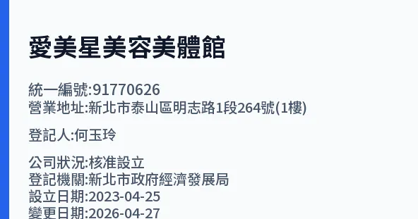 愛美星美容美體館的照片-統編 91770626(新北市) 公司登記資料與營業項目詳細圖表