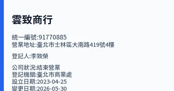 雲致商行的照片-統編 91770885(臺北市) 公司登記資料與營業項目詳細圖表