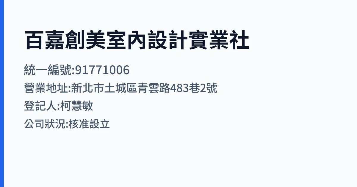 百嘉創美室內設計實業社 - 統編 91771006(新北市) 公司登記資料與營業項目詳細圖表