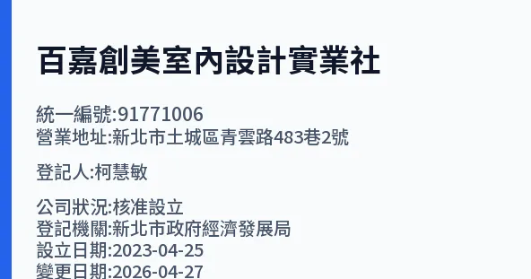 百嘉創美室內設計實業社的照片-統編 91771006(新北市) 公司登記資料與營業項目詳細圖表