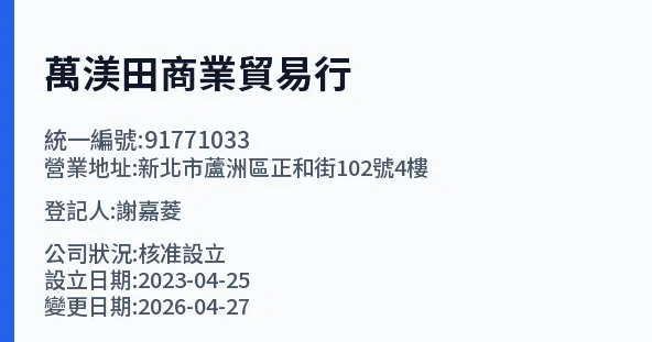 萬渼田商業貿易行的照片-統編 91771033(新北市) 公司登記資料與營業項目詳細圖表
