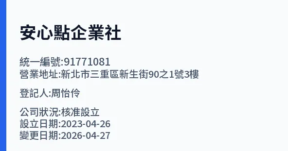 安心點企業社的照片-統編 91771081(新北市) 公司登記資料與營業項目詳細圖表