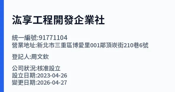 汯享工程開發企業社的照片-統編 91771104(新北市) 公司登記資料與營業項目詳細圖表
