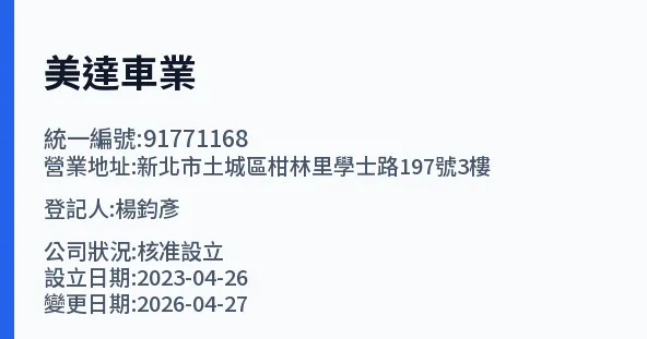 美達車業的照片-統編 91771168(新北市) 公司登記資料與營業項目詳細圖表