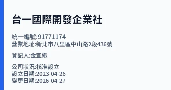 台一國際開發企業社的照片-統編 91771174(新北市) 公司登記資料與營業項目詳細圖表