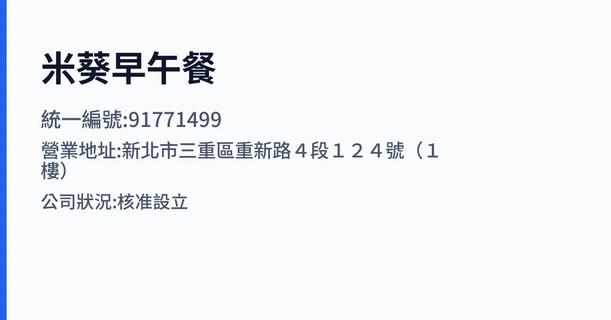 米葵早午餐 - 統編 91771499(新北市) 公司登記資料與營業項目詳細圖表