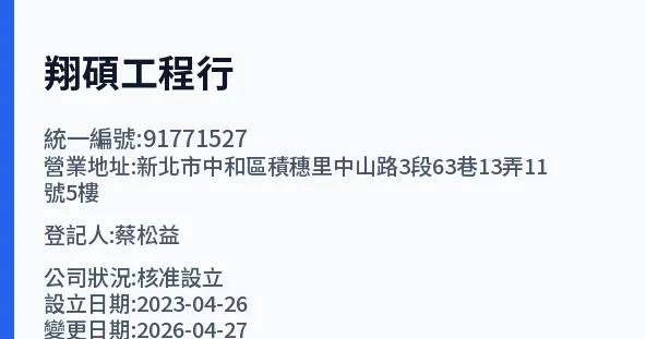 翔碩工程行的照片-統編 91771527(新北市) 公司登記資料與營業項目詳細圖表