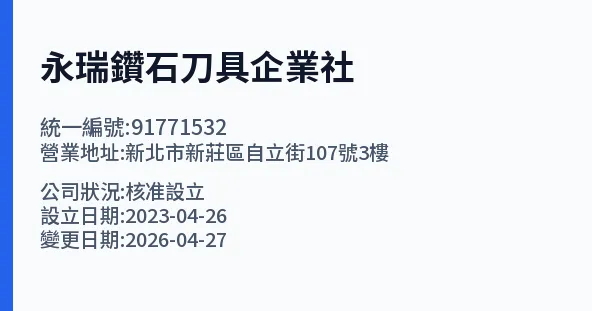 永瑞鑽石刀具企業社的照片-統編 91771532(新北市) 公司登記資料與營業項目詳細圖表