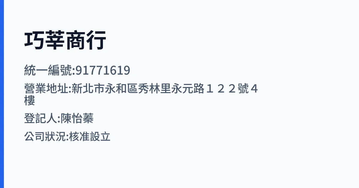 巧莘商行 - 統編 91771619(新北市) 公司登記資料與營業項目詳細圖表