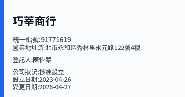 巧莘商行的照片-統編 91771619(新北市) 公司登記資料與營業項目詳細圖表