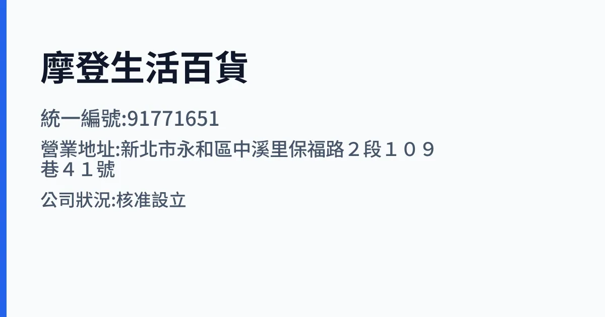 摩登生活百貨 - 統編 91771651(新北市) 公司登記資料與營業項目詳細圖表