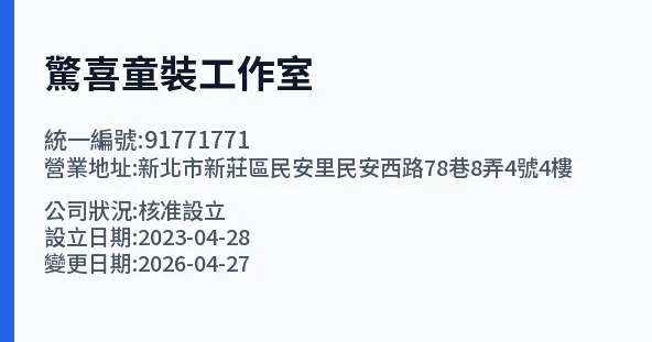 驚喜童裝工作室的照片-統編 91771771(新北市) 公司登記資料與營業項目詳細圖表