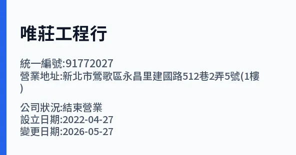 唯莊工程行的照片-統編 91772027(新北市) 公司登記資料與營業項目詳細圖表
