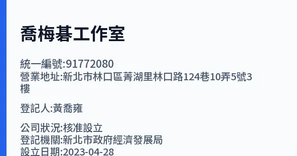 喬梅碁工作室的照片-統編 91772080(新北市) 公司登記資料與營業項目詳細圖表