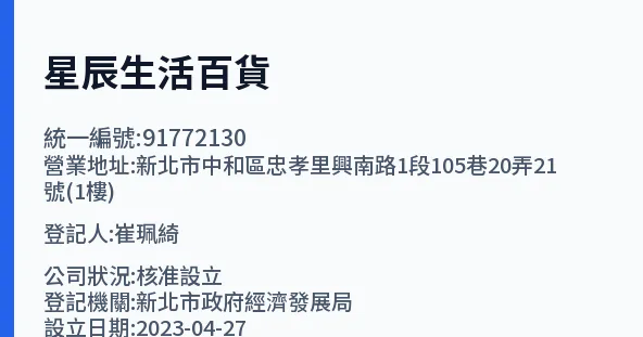 星辰生活百貨的照片-統編 91772130(新北市) 公司登記資料與營業項目詳細圖表