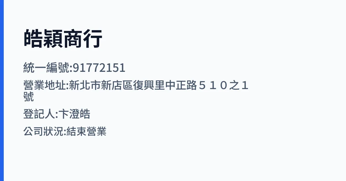 皓穎商行 - 統編 91772151(新北市) 公司登記資料與營業項目詳細圖表