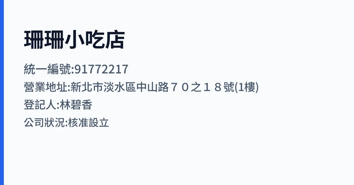 珊珊小吃店 - 統編 91772217(新北市) 公司登記資料與營業項目詳細圖表