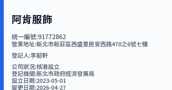 阿肯服飾的照片-統編 91772862(新北市) 公司登記資料與營業項目詳細圖表