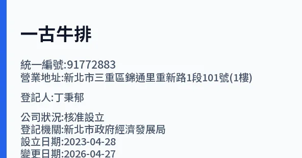 一古牛排的照片-統編 91772883(新北市) 公司登記資料與營業項目詳細圖表