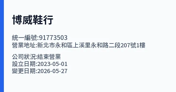 博威鞋行的照片-統編 91773503(新北市) 公司登記資料與營業項目詳細圖表