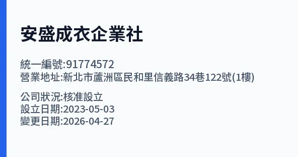 安盛成衣企業社的照片-統編 91774572(新北市) 公司登記資料與營業項目詳細圖表