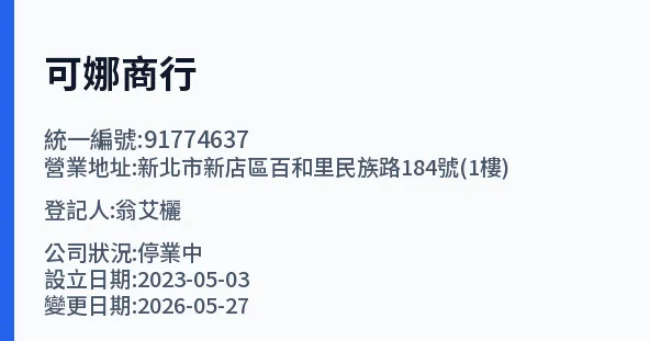可娜商行的照片-統編 91774637(新北市) 公司登記資料與營業項目詳細圖表