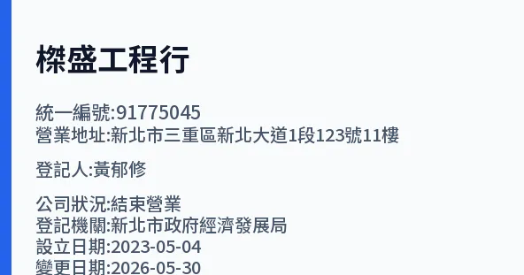 榤盛工程行的照片-統編 91775045(新北市) 公司登記資料與營業項目詳細圖表