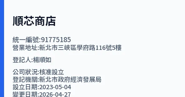 順芯商店的照片-統編 91775185(新北市) 公司登記資料與營業項目詳細圖表