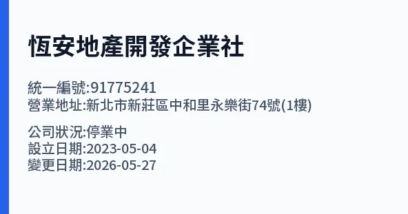 恆安地產開發企業社的照片-統編 91775241(新北市) 公司登記資料與營業項目詳細圖表