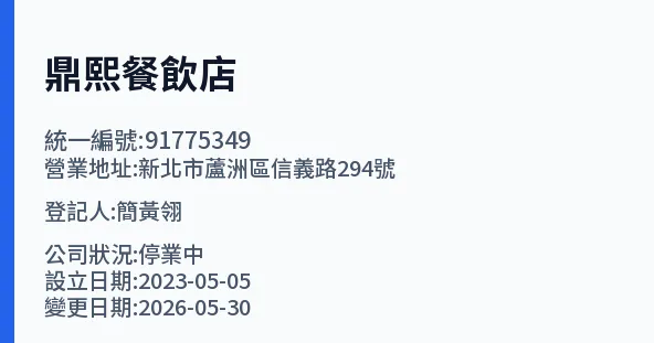 鼎熙餐飲店的照片-統編 91775349(新北市) 公司登記資料與營業項目詳細圖表