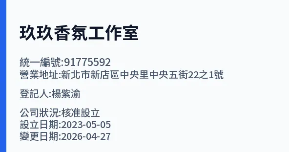 玖玖香氛工作室的照片-統編 91775592(新北市) 公司登記資料與營業項目詳細圖表