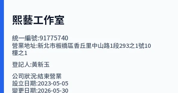 熙藝工作室的照片-統編 91775740(新北市) 公司登記資料與營業項目詳細圖表