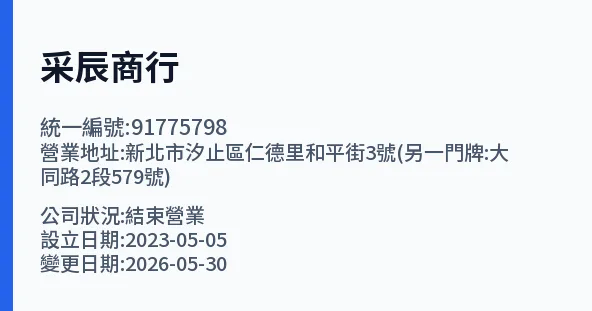 采辰商行的照片-統編 91775798(新北市) 公司登記資料與營業項目詳細圖表