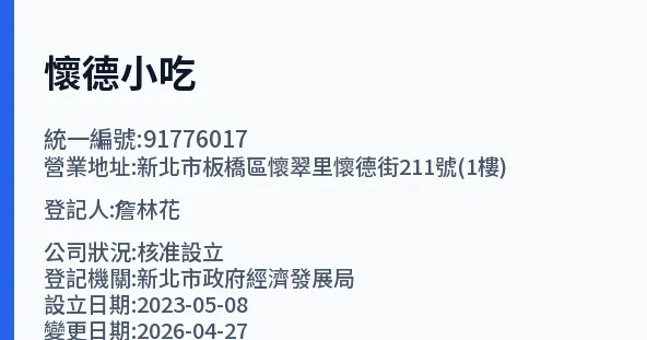 懷德小吃的照片-統編 91776017(新北市) 公司登記資料與營業項目詳細圖表