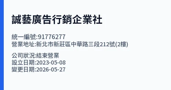 誠藝廣告行銷企業社的照片-統編 91776277(新北市) 公司登記資料與營業項目詳細圖表