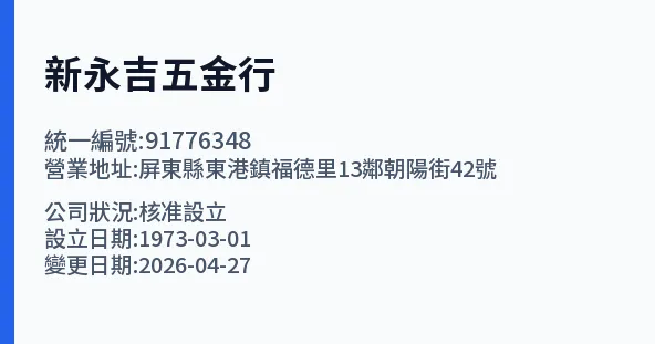 新永吉五金行的照片-統編 91776348(屏東縣) 公司登記資料與營業項目詳細圖表