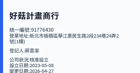 好菇計畫商行的照片-統編 91776430(新北市) 公司登記資料與營業項目詳細圖表