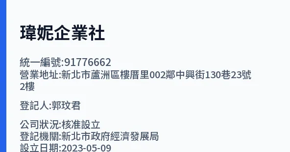瑋妮企業社的照片-統編 91776662(新北市) 公司登記資料與營業項目詳細圖表