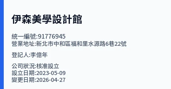 伊森美學設計館的照片-統編 91776945(新北市) 公司登記資料與營業項目詳細圖表