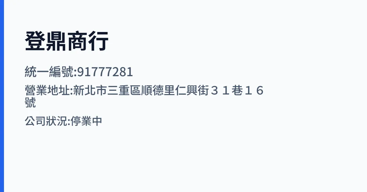 登鼎商行 - 統編 91777281(新北市) 公司登記資料與營業項目詳細圖表
