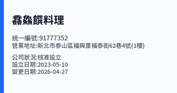 馫鱻饌料理的照片-統編 91777352(新北市) 公司登記資料與營業項目詳細圖表