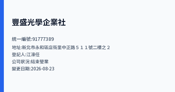 豐盛光學企業社的照片-統編 91777389(新北市) 公司登記資料與營業項目詳細圖表