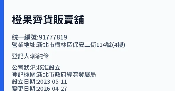 橙果齊貨販賣舖的照片-統編 91777819(新北市) 公司登記資料與營業項目詳細圖表